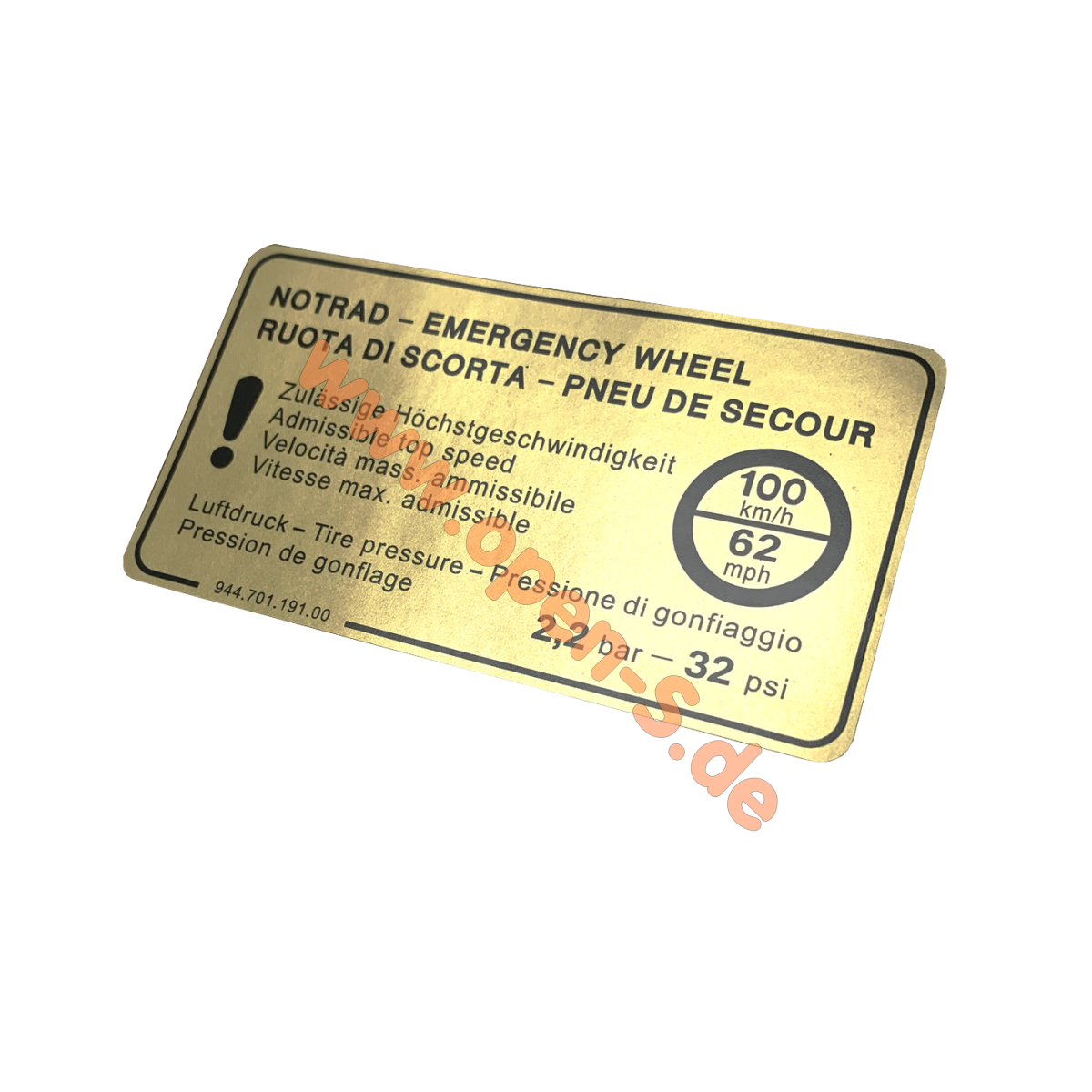 Warning sign emergency wheel Folding wheel - Neunelf / 928, 944, 924 ...